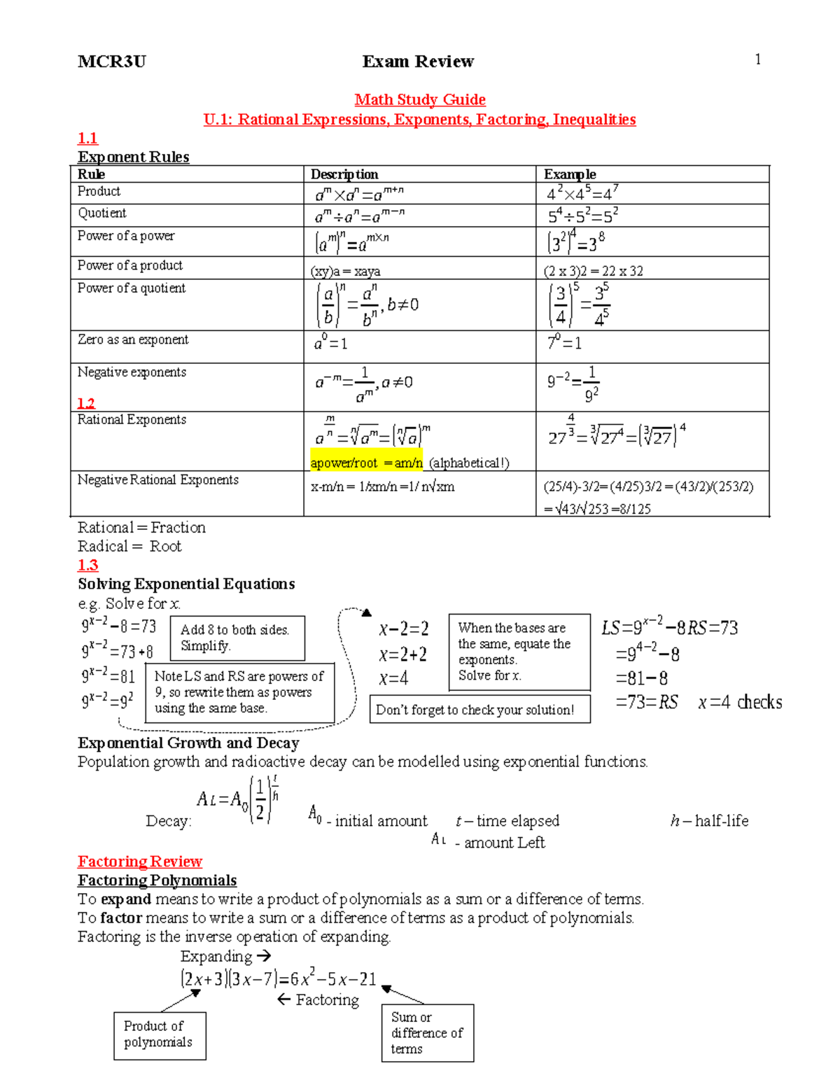 MCR3U Exam Review - Product of polynomials Sum or difference of terms ...