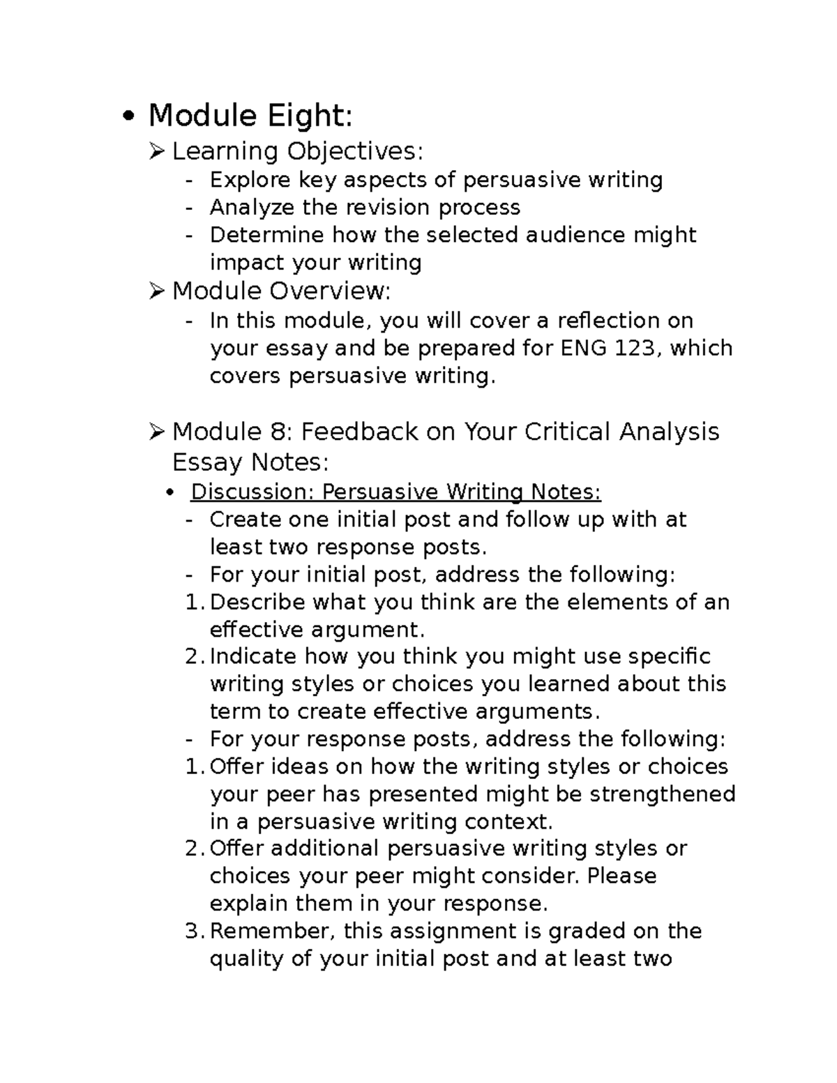 ENG 123 Module 8: Persuasive Writing & Revision Reflection Notes - Studocu