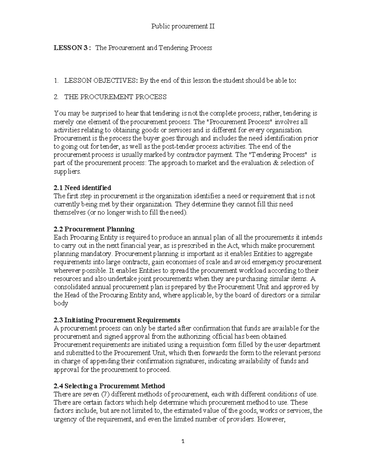Public Procurement II: Lesson 3 - The Procurement & Tendering Process - Studocu
