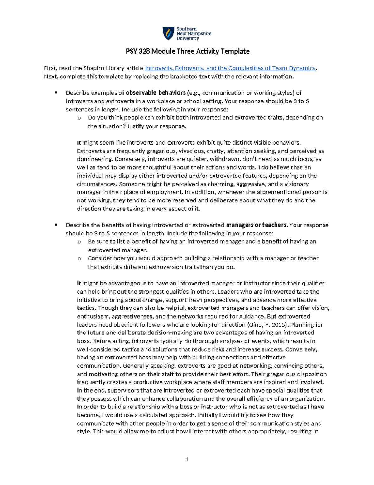 PSY 328 Module Three Activity: Introverts, Extroverts, and Team Dynamics - Studocu