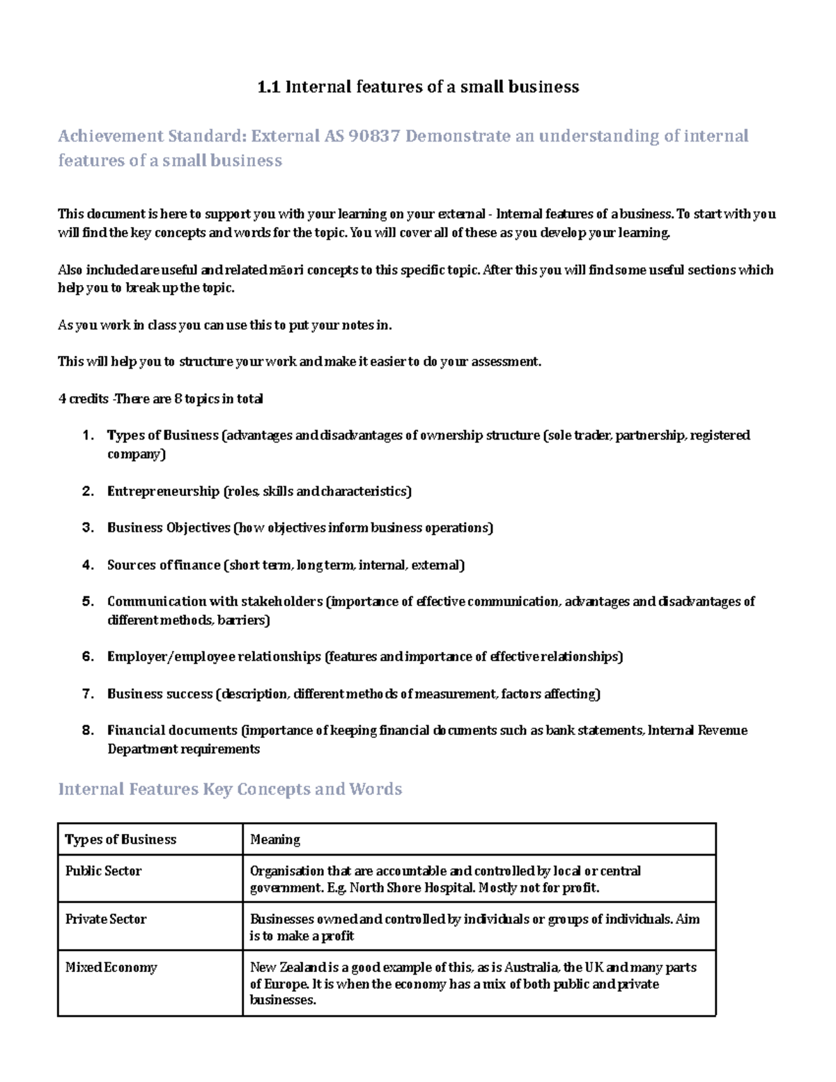 Internal Features of Small Business Notes - AS 90837 Overview - Studocu