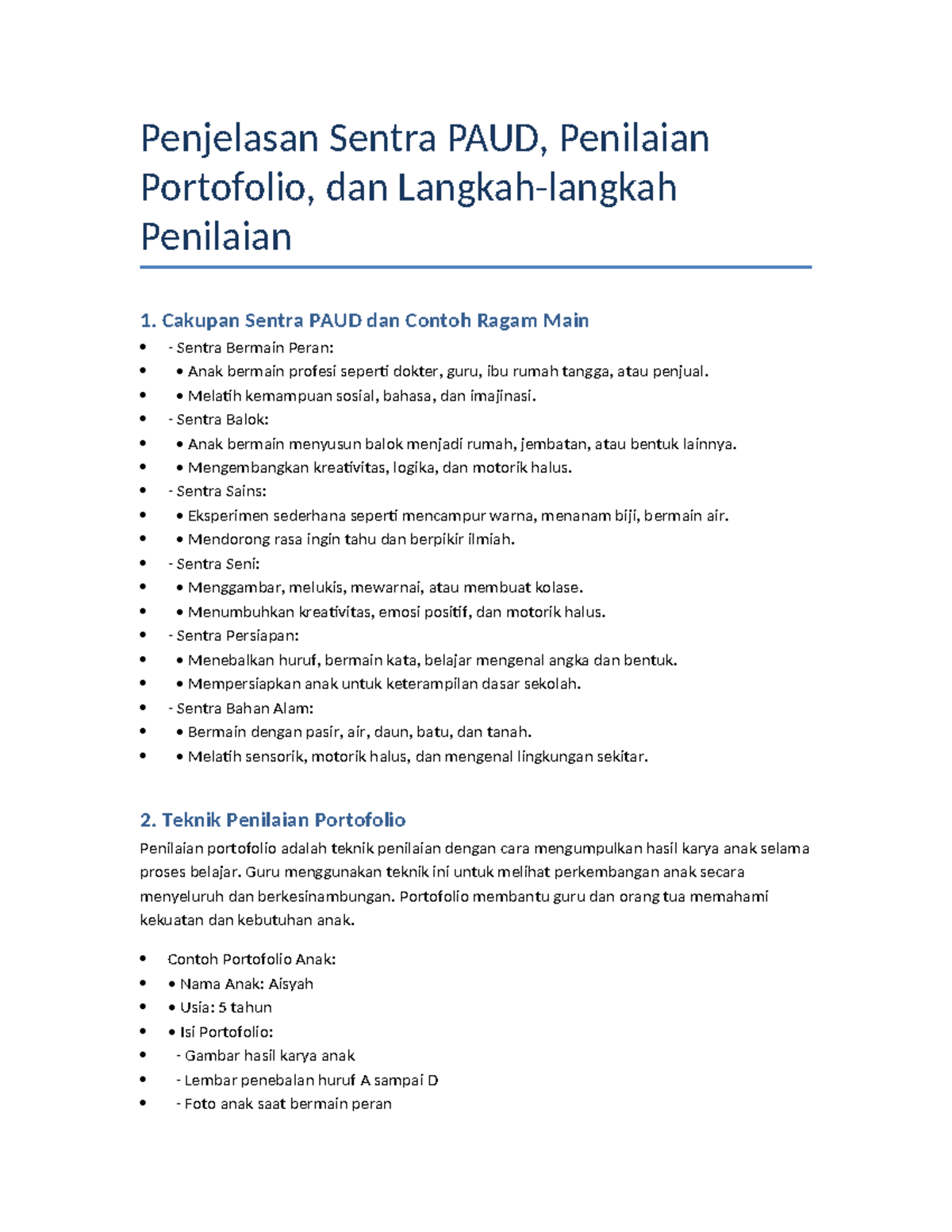 Penilaian Portofolio dan Sentra PAUD: Teknik dan Contoh Praktis - Studocu