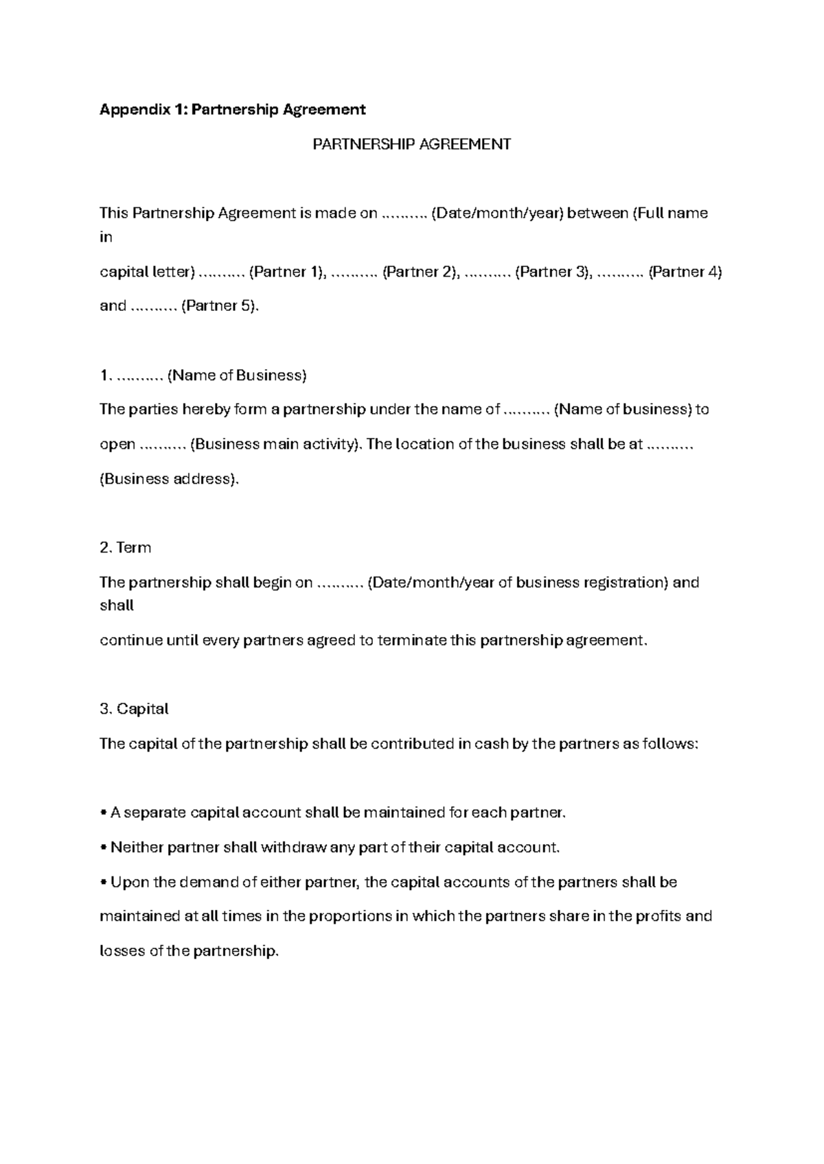 Partnership Agreement Template - Appendix 1: ENT - Studocu