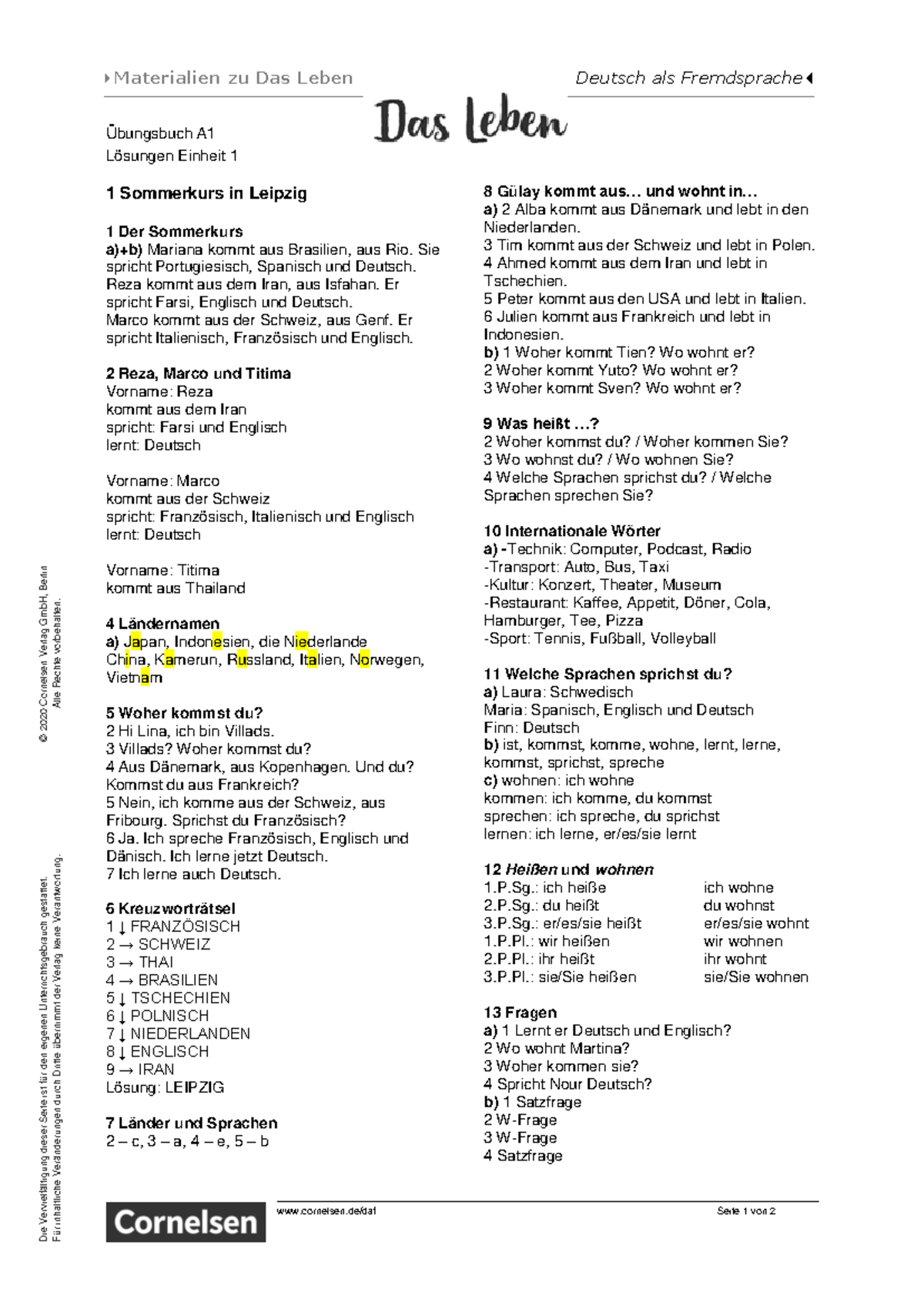 Lösungen zu Übungsbuch A1 Einheit 1: Deutsch als Fremdsprache - Studocu
