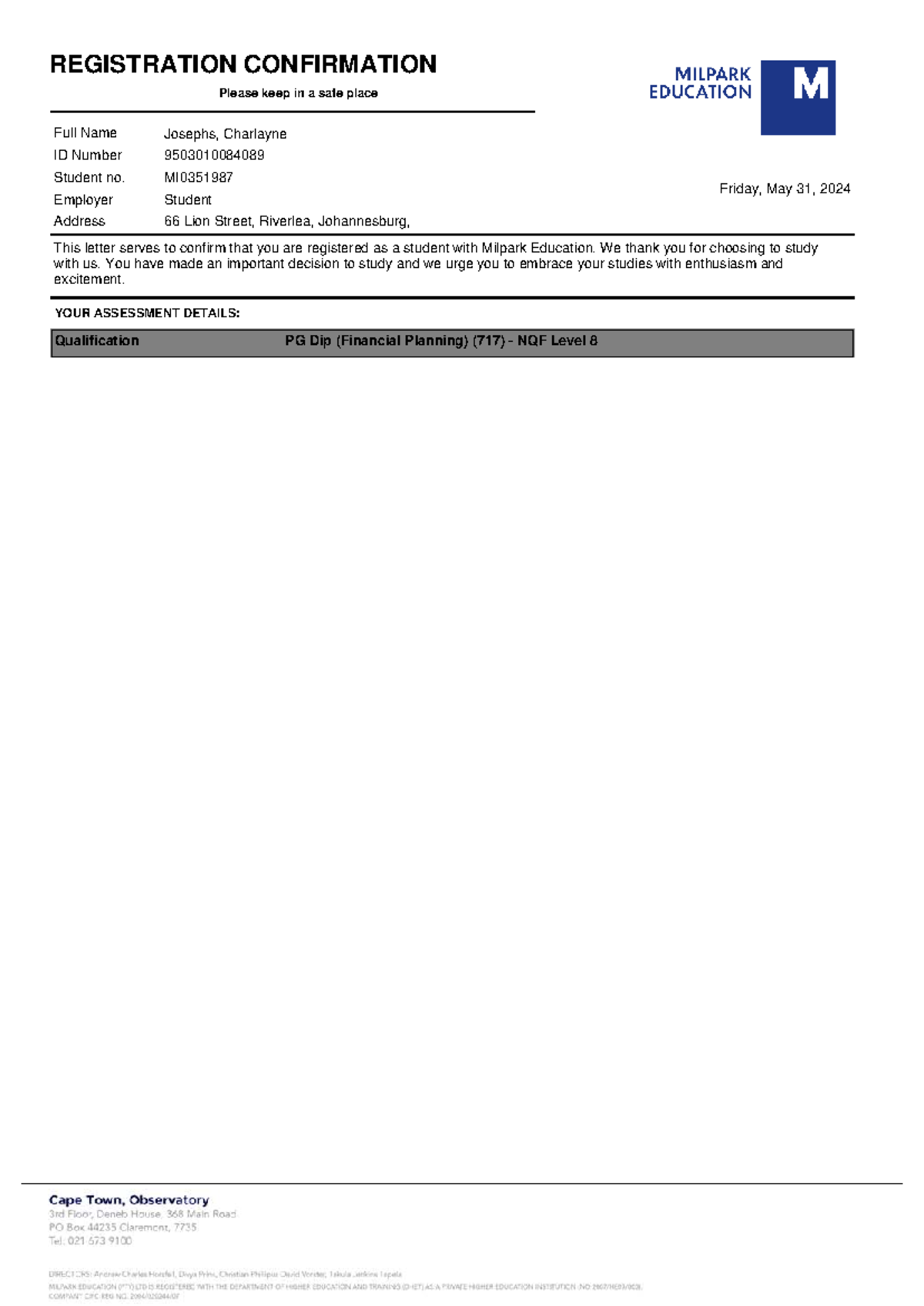 PG Dip (Financial Planning) Registration Confirmation & Welcome Package ...