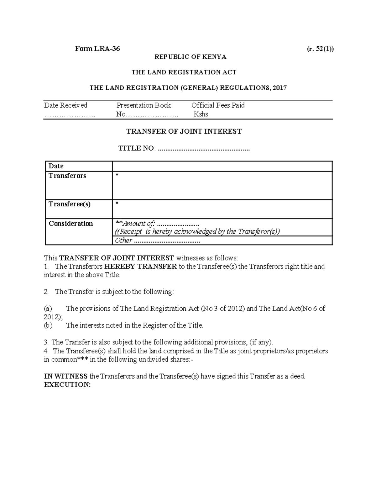 Form LRA 36 Transfer OF Joint Interest - Form LRA-36 (r. 52(1 ...