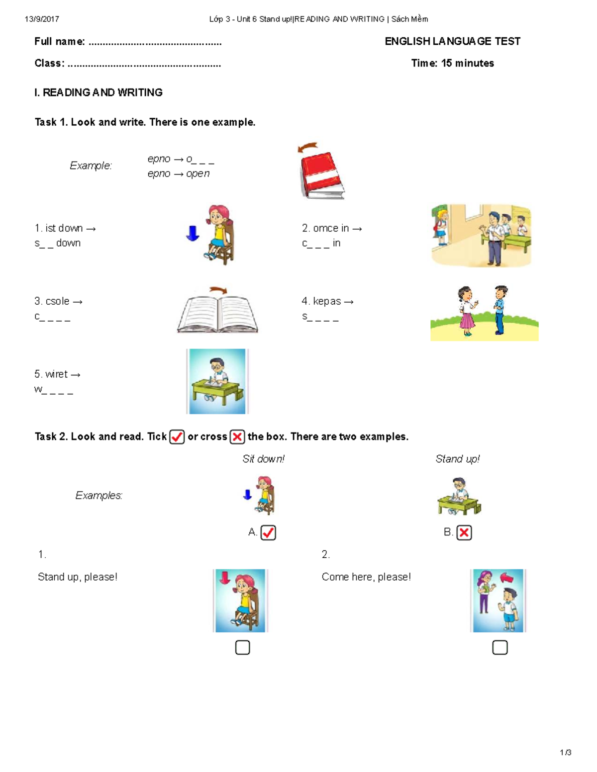 Lớp 3 - Unit 6: Reading and Writing Test Notes - Studocu