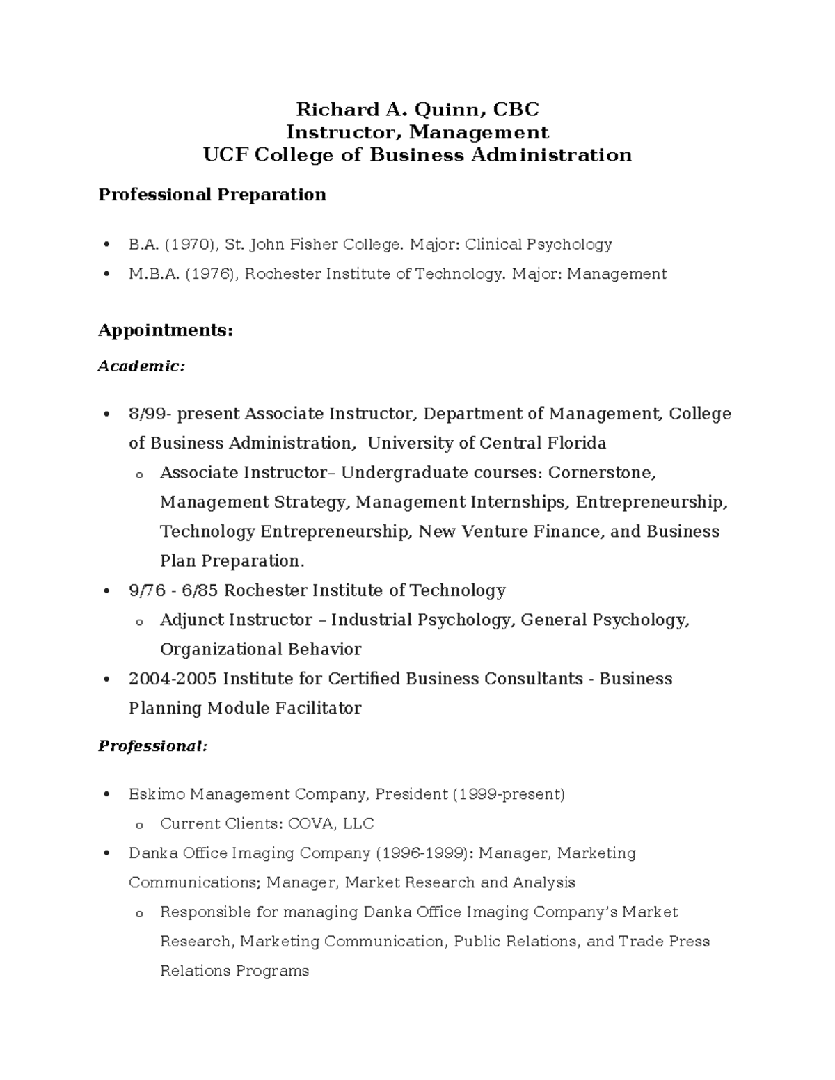 Richard Quinn UCF Bio: Management Instructor & Consultant Profile - Studocu