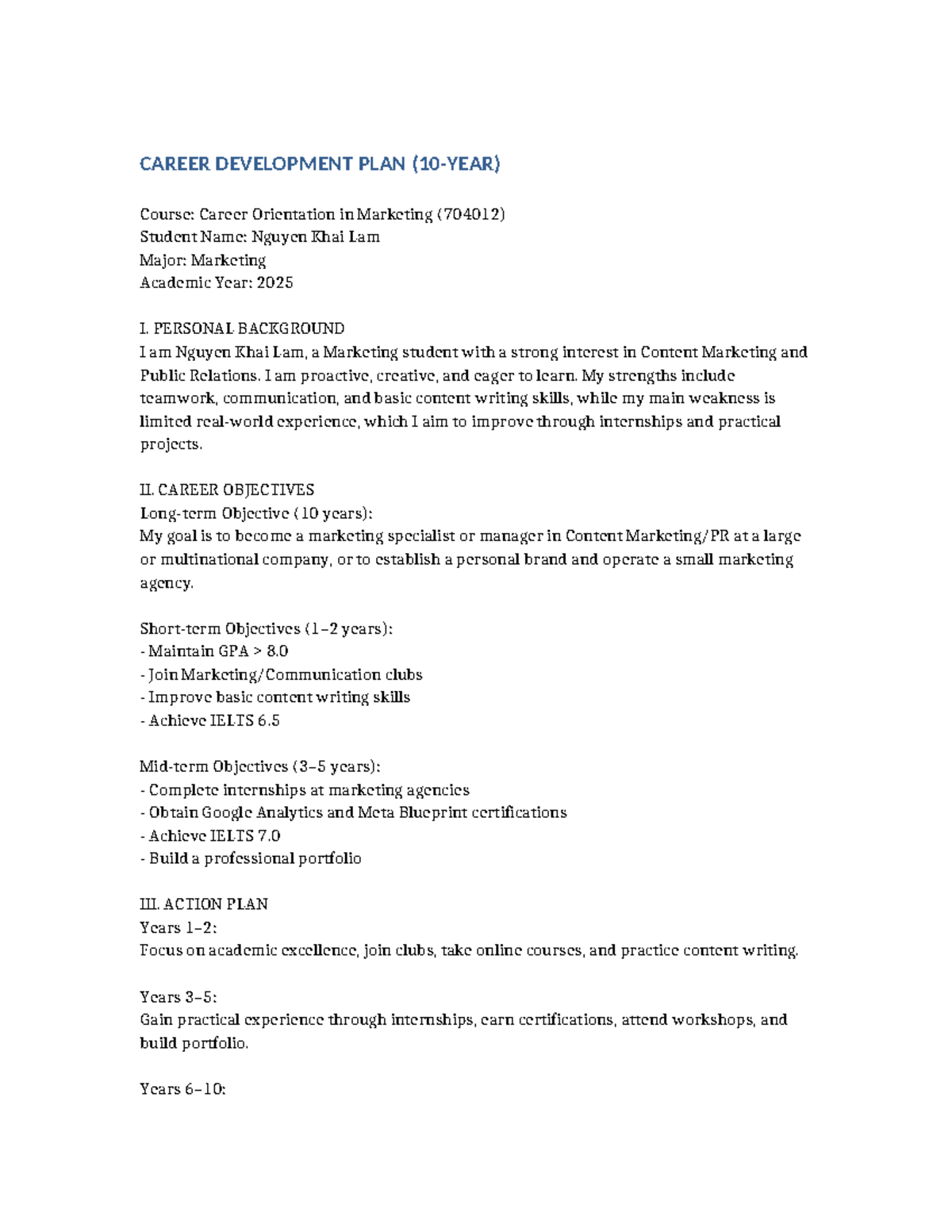 Career Development Plan: Marketing (704012) by Nguyen Khai Lam - Studocu