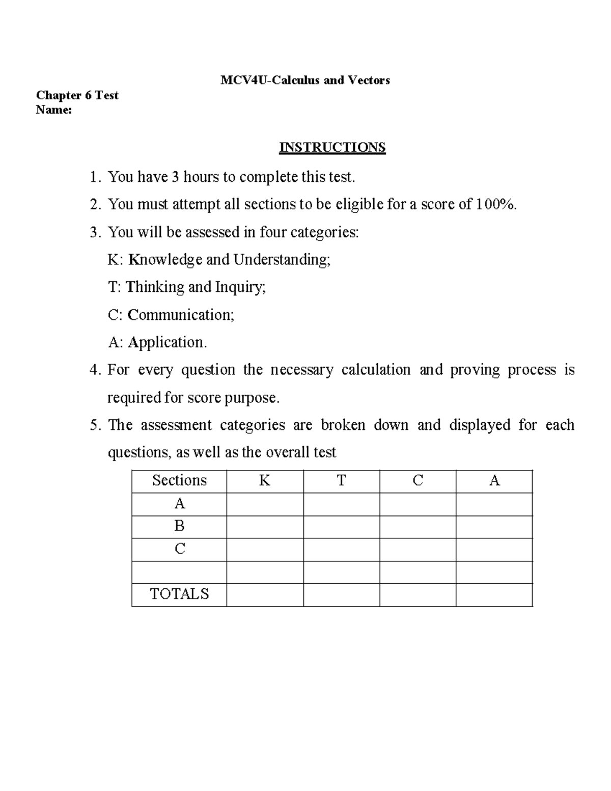 MCV4U Chapter 6 Vectors Test: Instructions & Questions Guide - Studocu