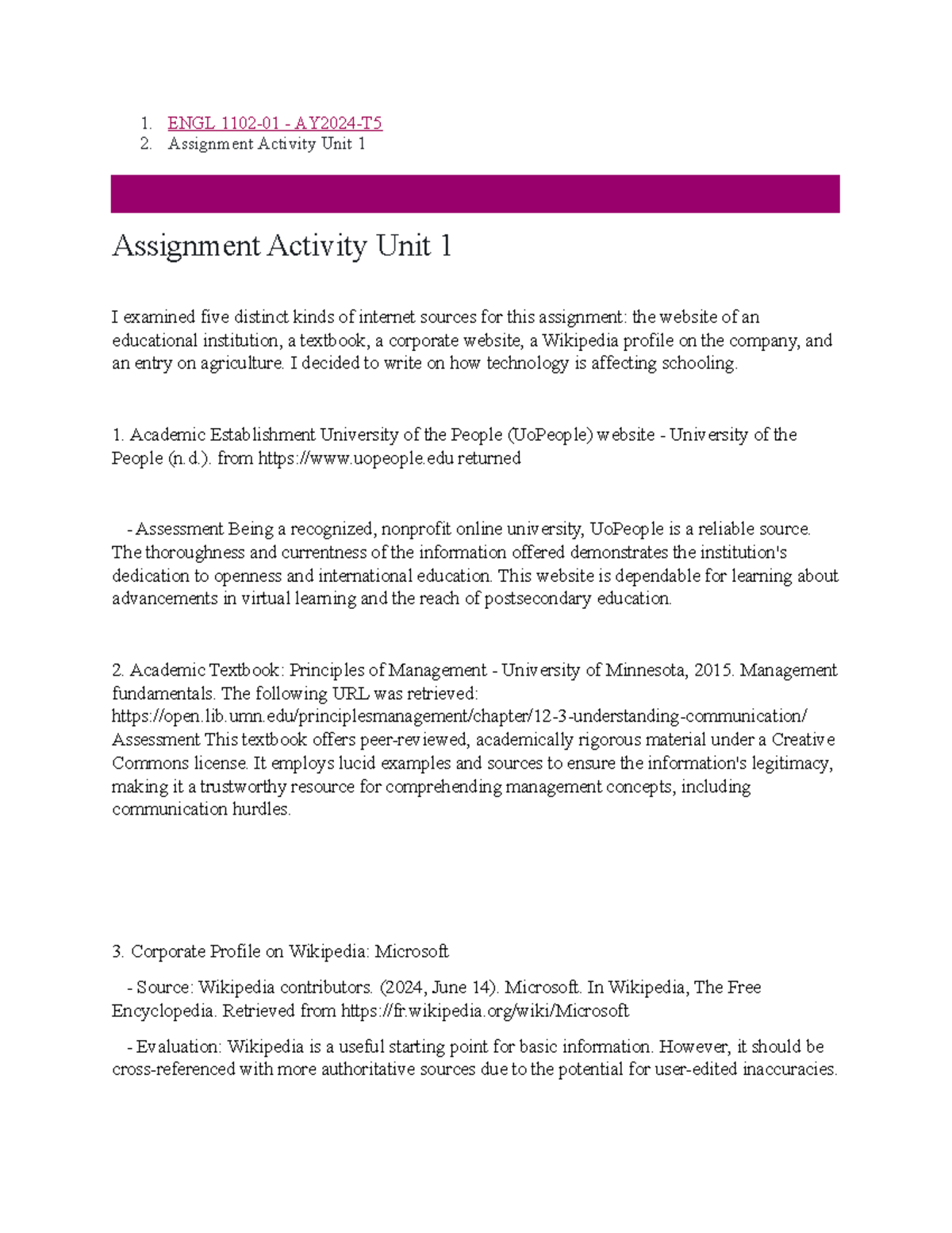 ENGL 1102-01 Assignment Activity Unit 1: Evaluating Online Sources - Studocu