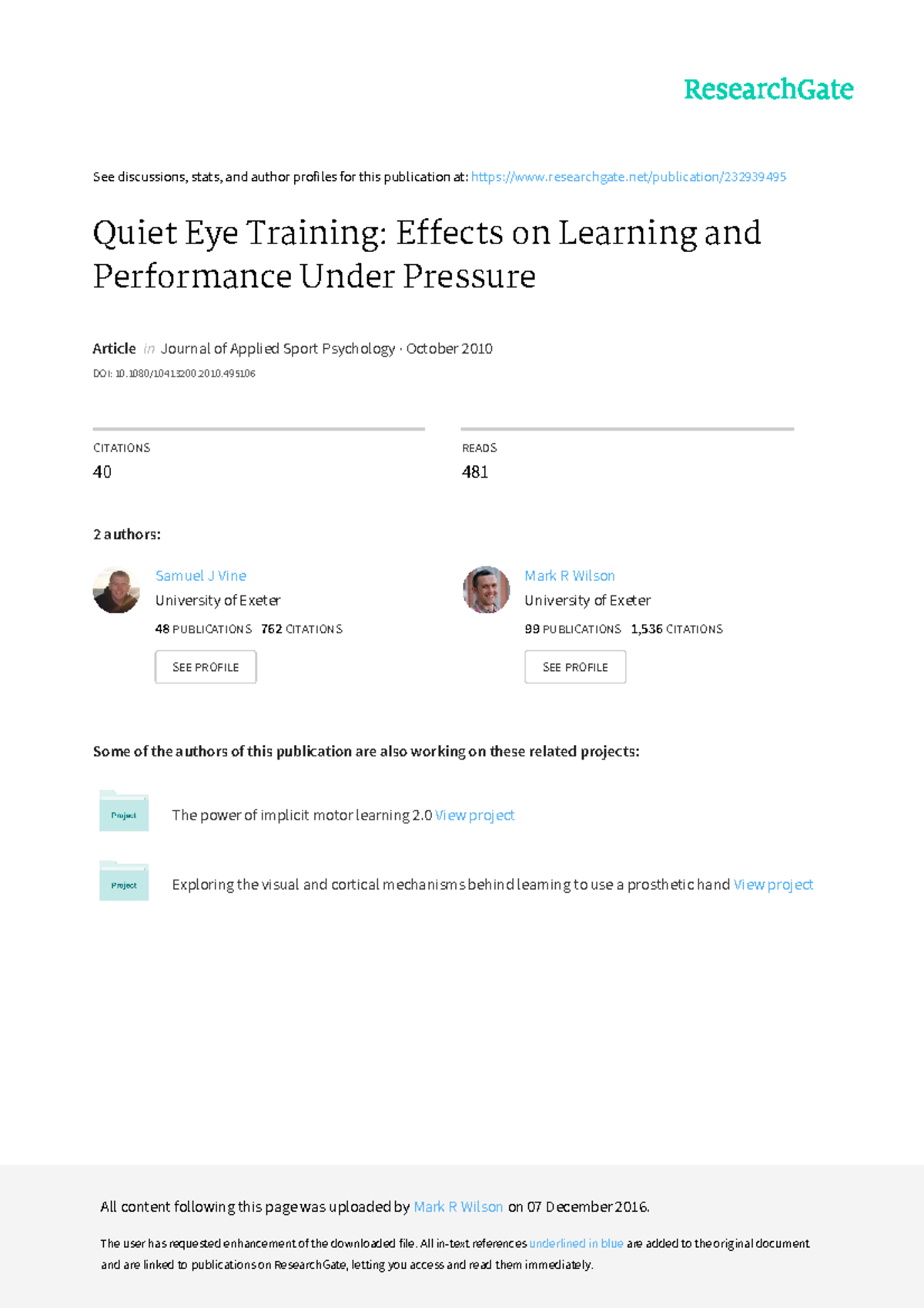 Effects of Quiet Eye Training on Learning and Performance (PSY 101 ...