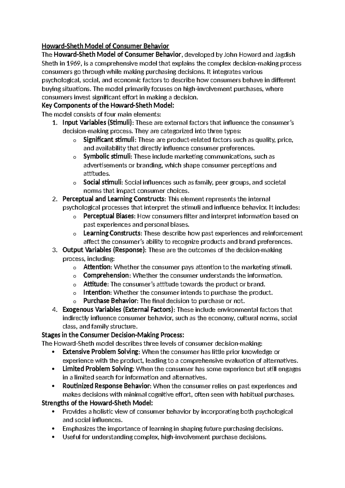 Howard-Sheth Model of Consumer Behavior Analysis - Studocu