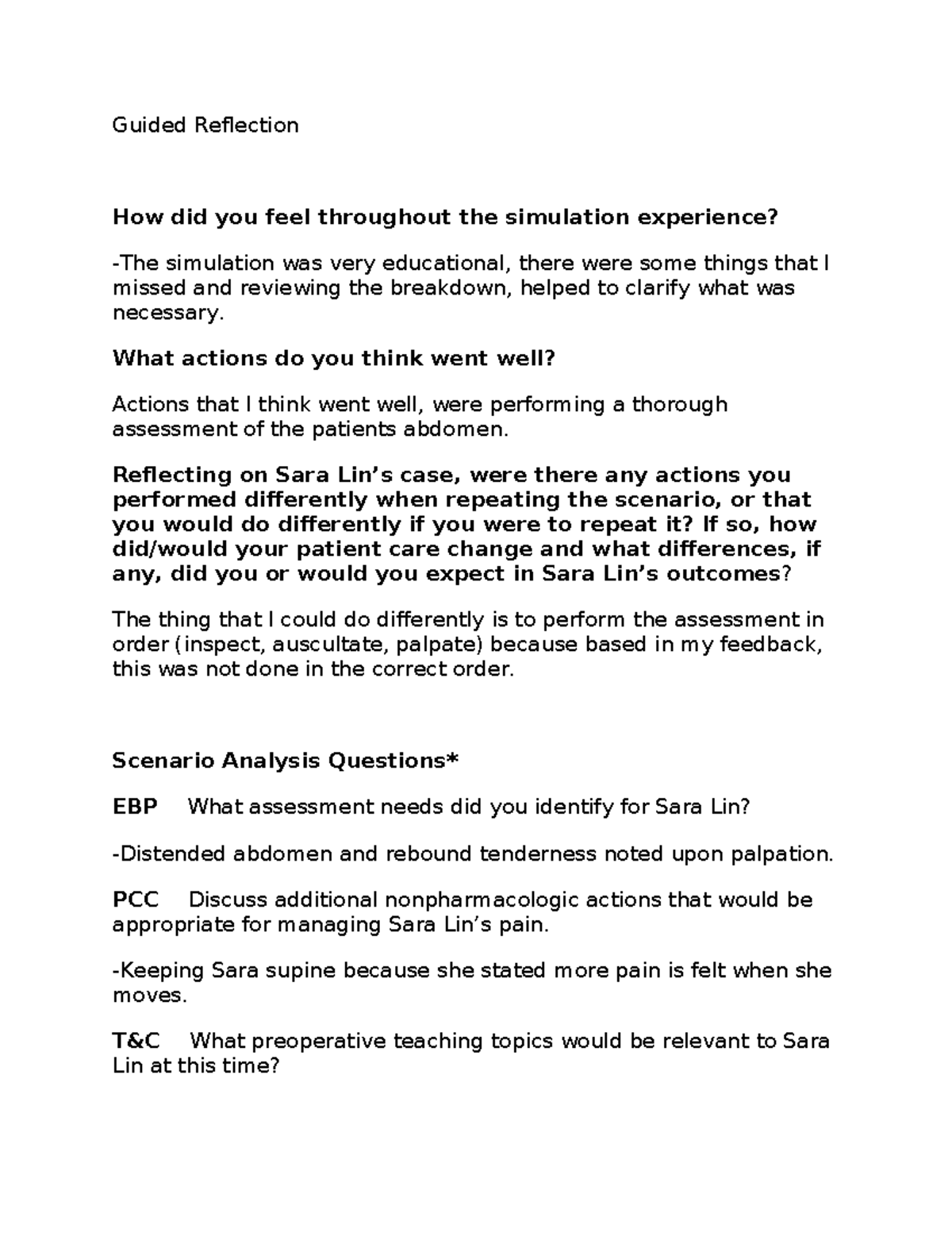 Guided Reflection: VSim Case Study on Sara Lin's Experience - Studocu