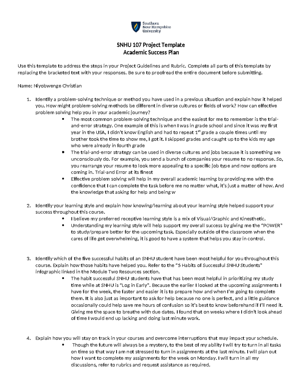 SNHU 107 Final Project: Academic Success Plan Template - Studocu
