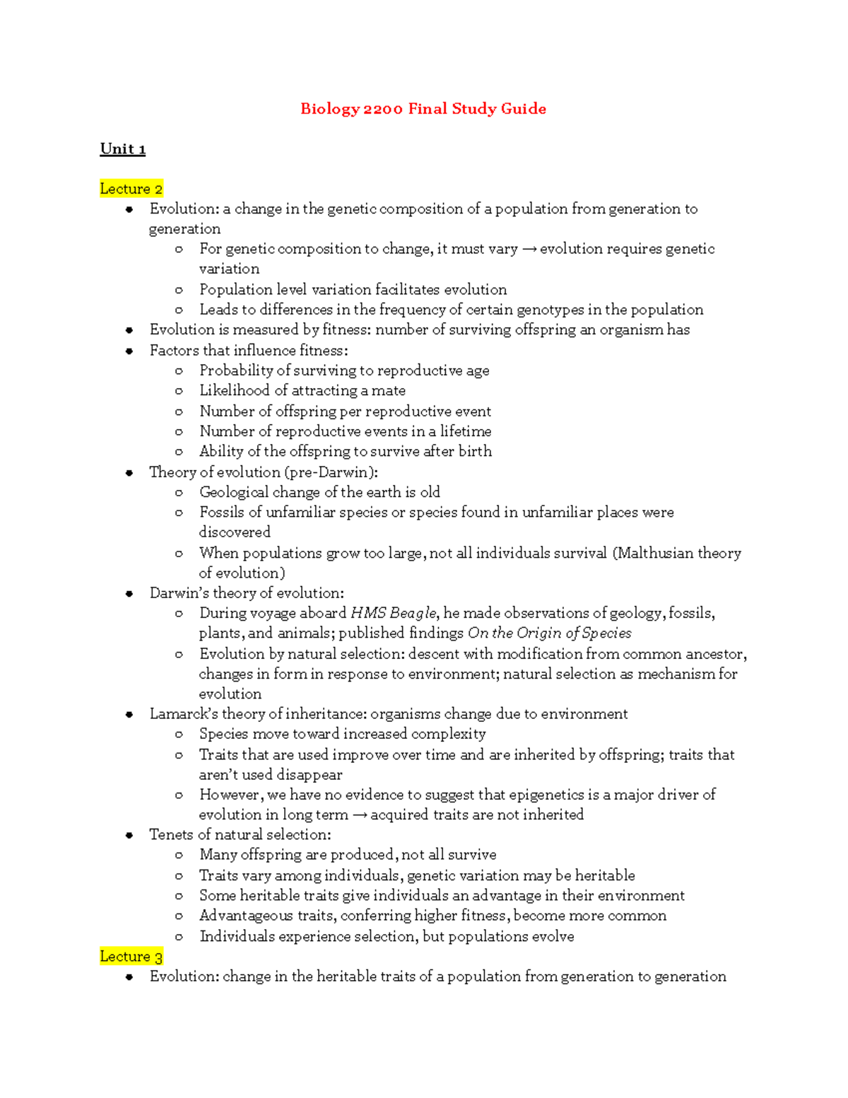 Biology 2200 Final Exam Study Guide: Key Concepts on Evolution ...