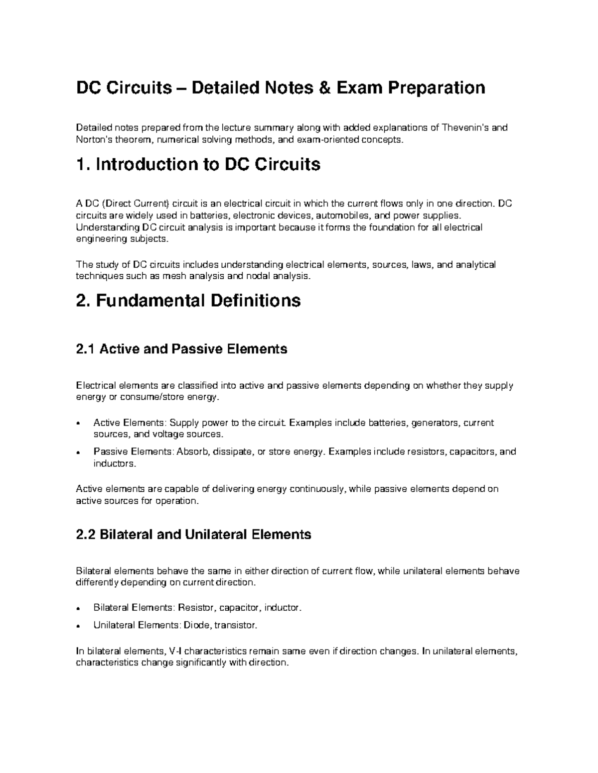 DC Circuits Exam Prep Notes: Key Concepts & Analysis Techniques - Studocu