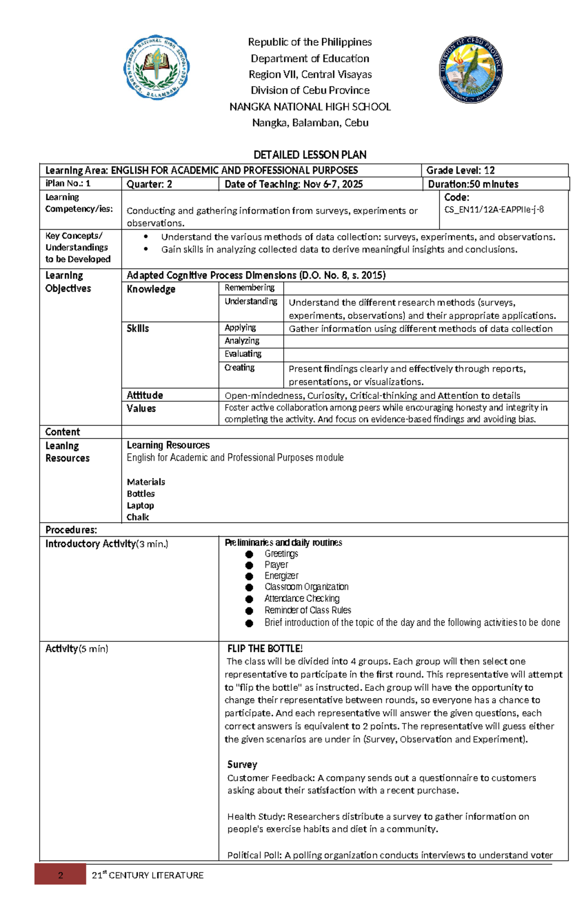 DLP-EAPP (Survey) - Lesson Plan on Data Collection Methods - Studocu