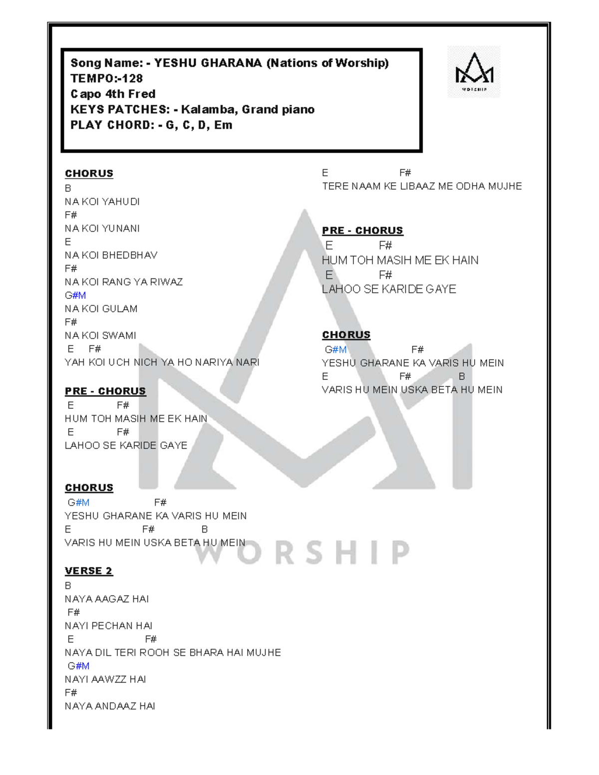 Yeshu Gharana (Nations of Worship) Chord Sheet - Capo 4th - Studocu