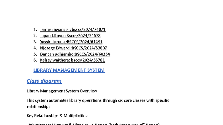 Library Management System Overview and Class Diagram - Studocu