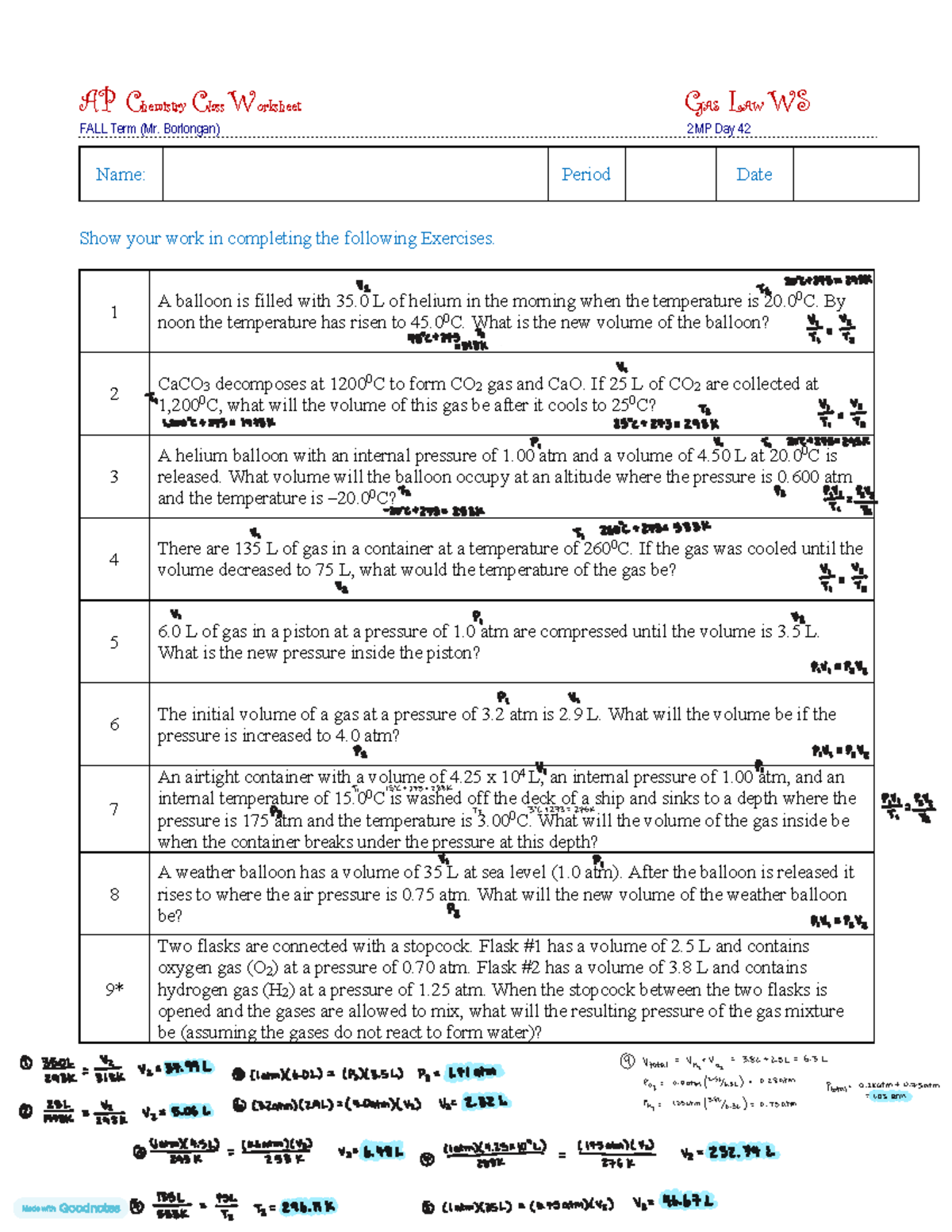AP Chemistry Gas Laws Worksheet - Fall Term (Mr. Borlongan) - Studocu
