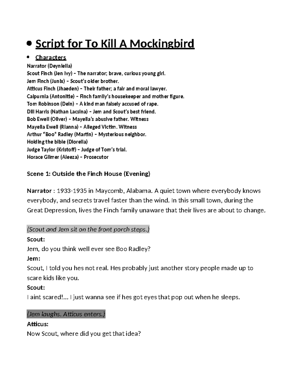 To Kill A Mockingbird: Character Script & Key Scenes Analysis - Studocu