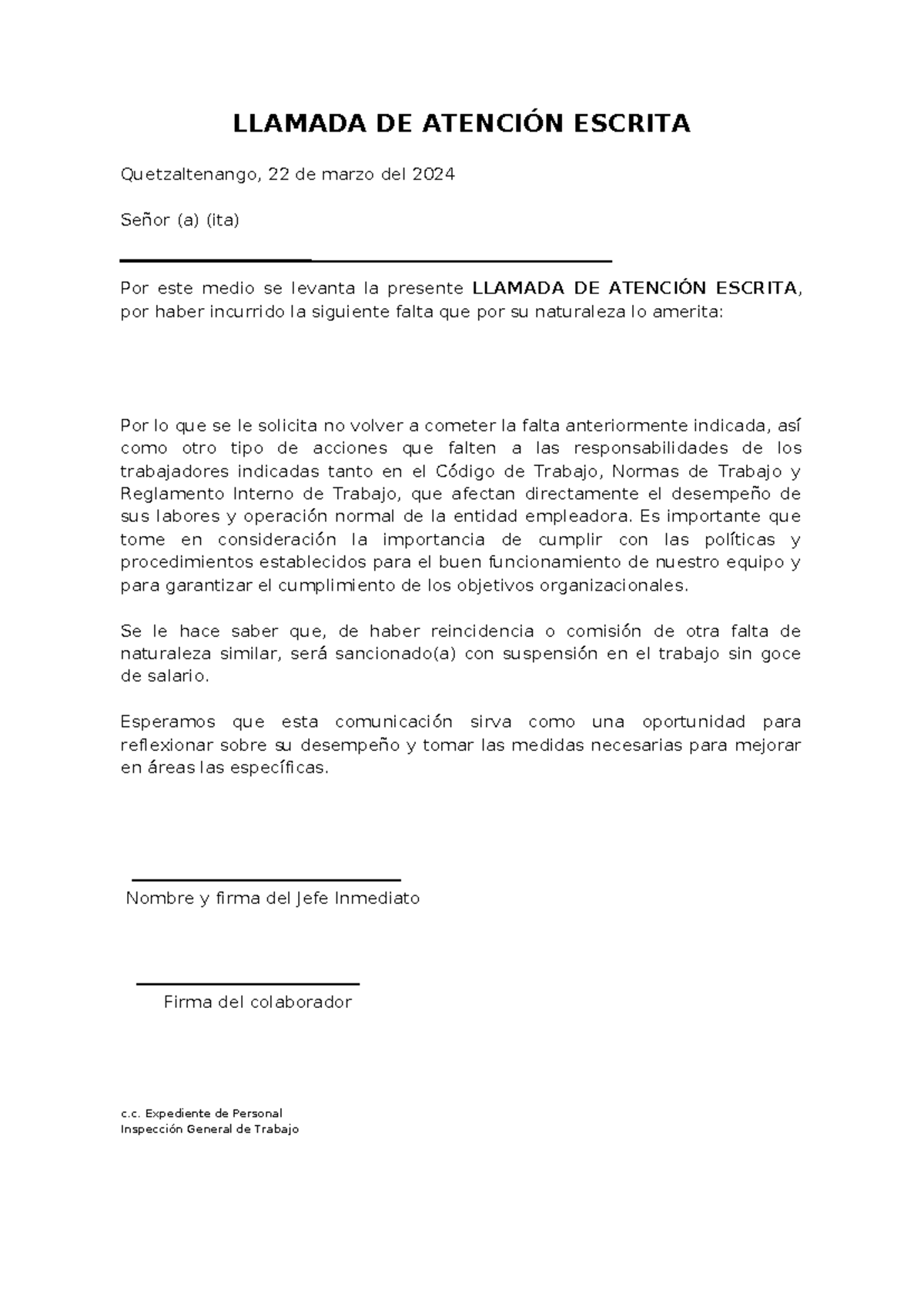Llamada de Atención Escrita - Procedimiento Laboral Quetzaltenango 2024 ...