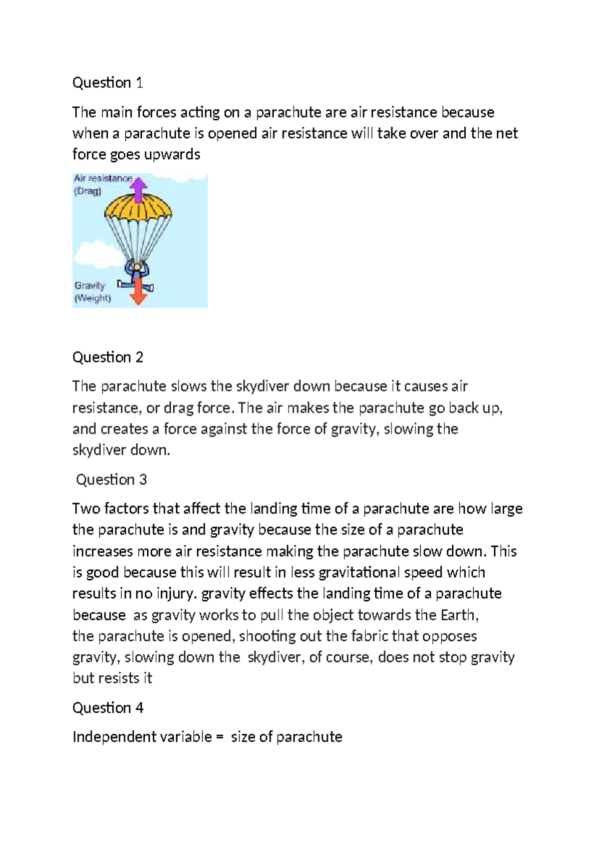 Science Assignment: Forces and Factors Affecting Parachutes - Studocu