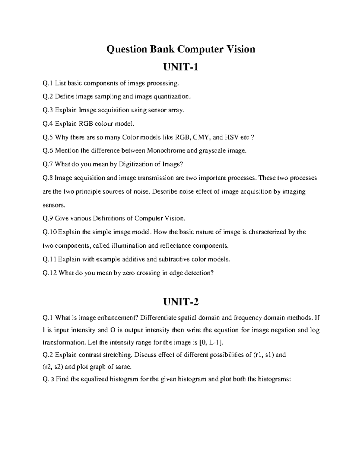 Question Bank for Computer Vision (CV) Unit-Wise Review - Studocu