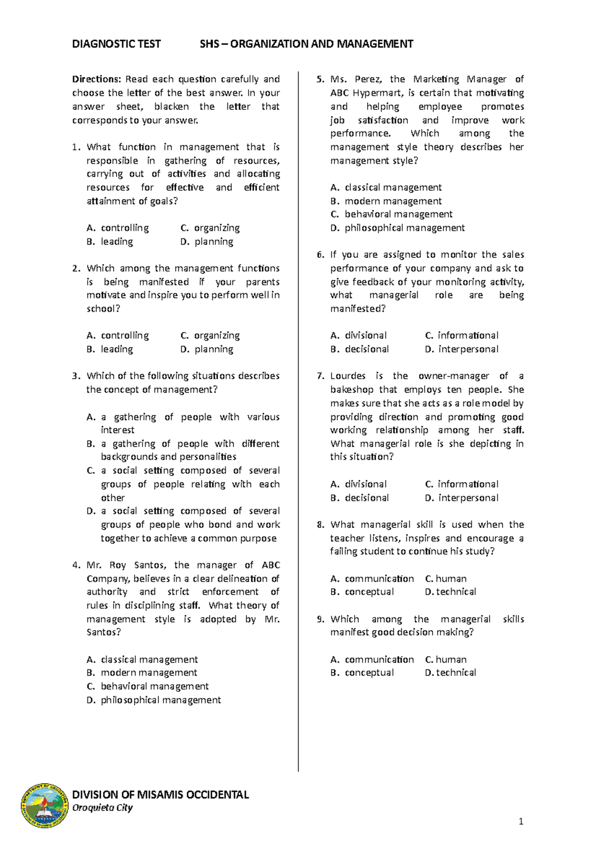 SHS ABM Org-Management Diagnostic Test Review Questions - Studocu