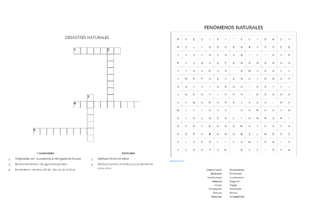 Crucigrama de Desastres Naturales - FENÓMENOS NATURALES - Studocu