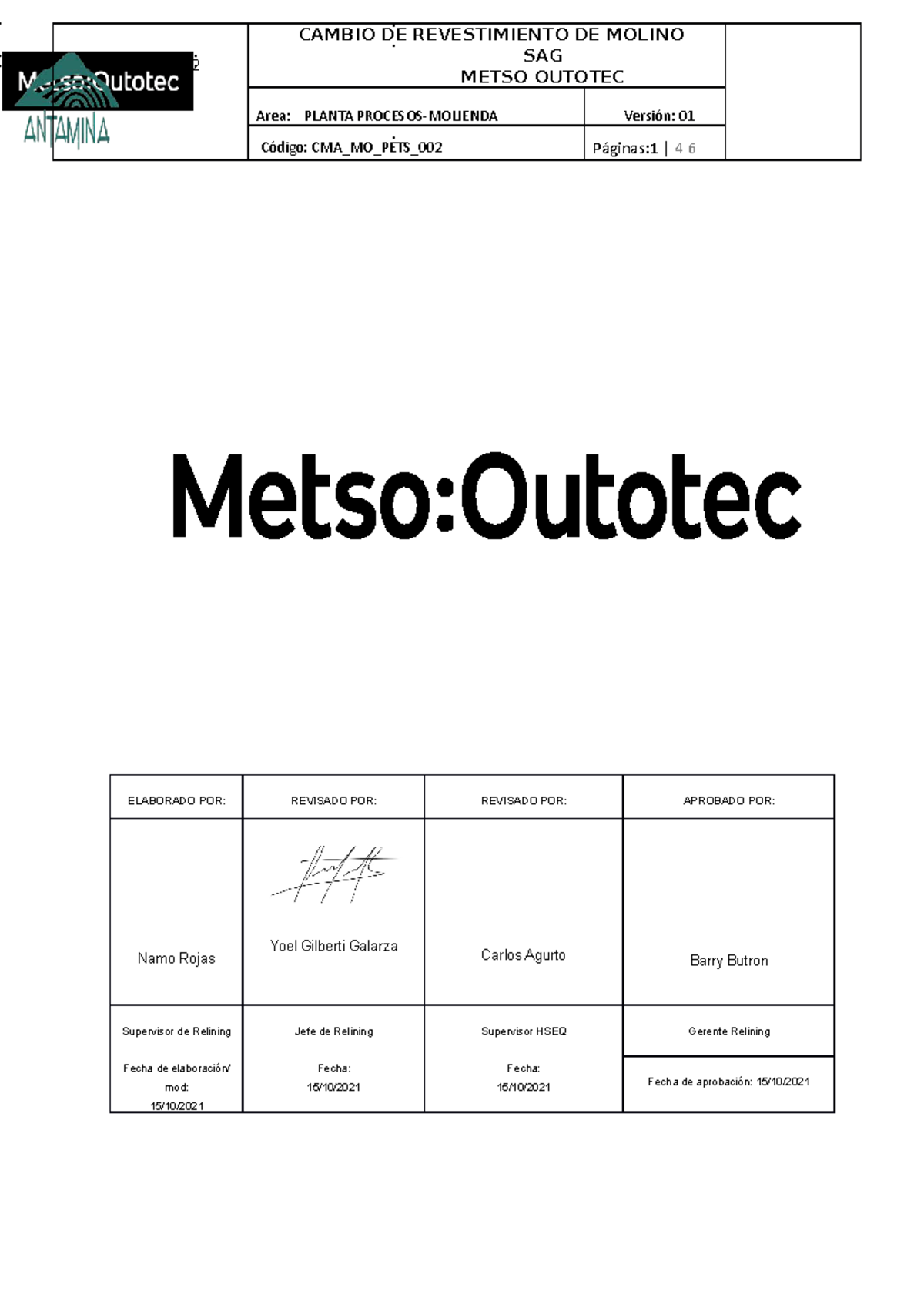 533947742-PETS-Cambio-de-Revestimientos-Molino-SAG-METSO-Outotec - Studocu