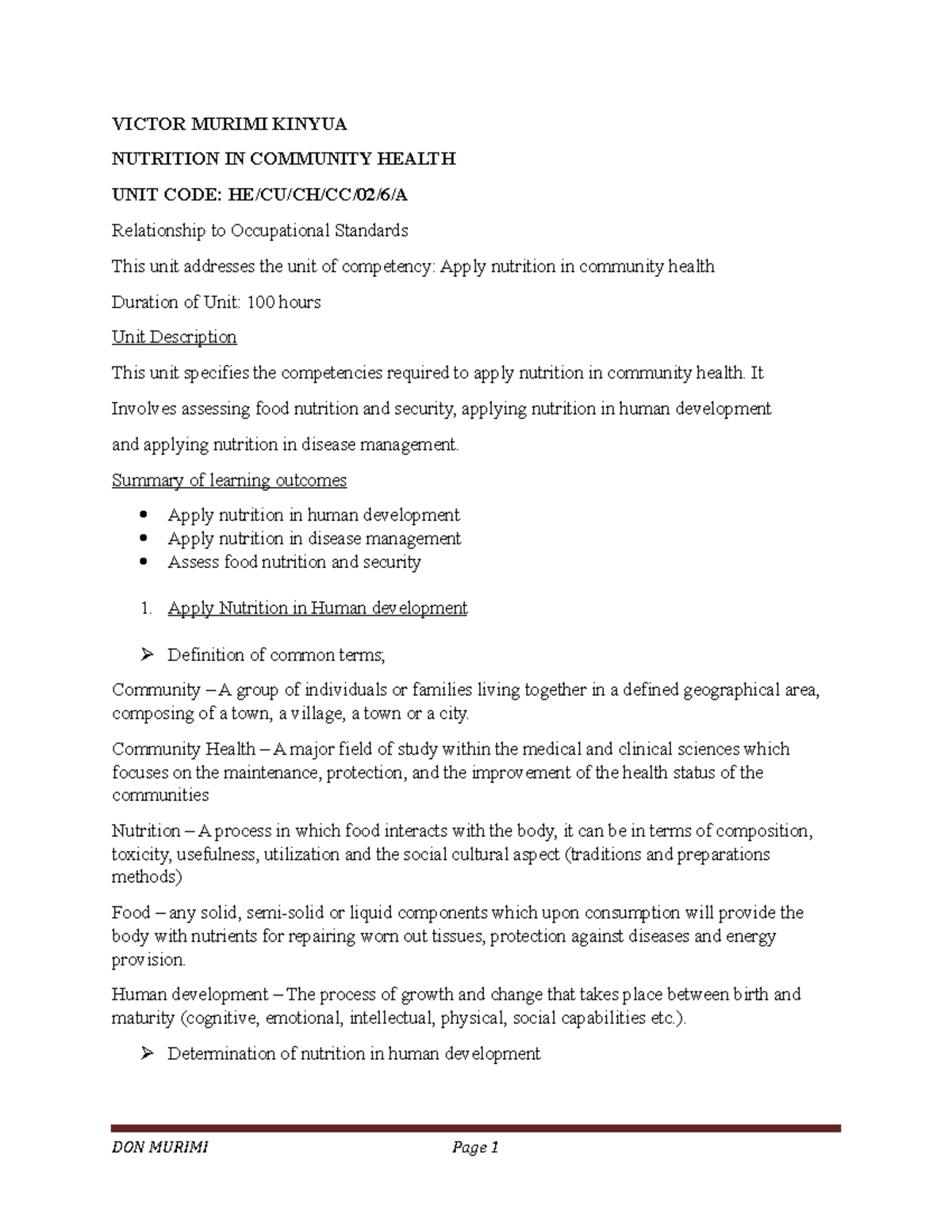 Nutrition in Community Health: LV 6 Unit Overview and Essentials - Studocu