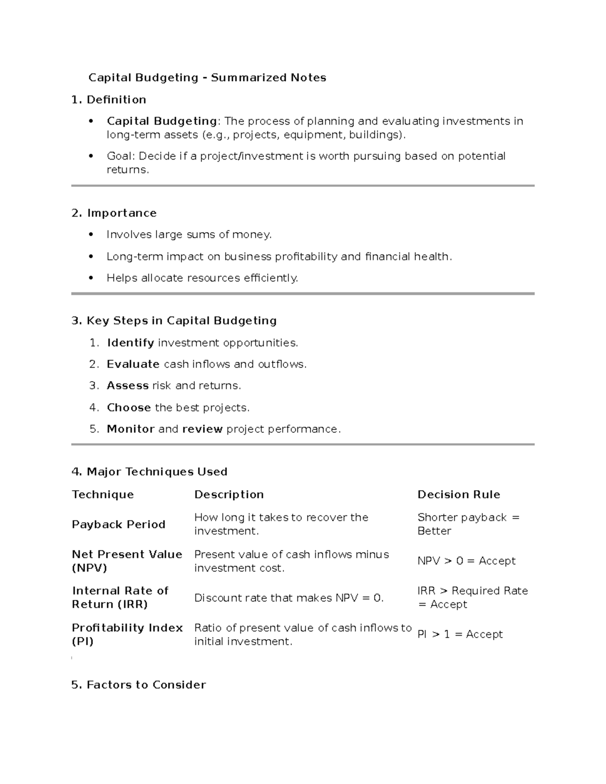 Capital Budgeting Overview: Key Concepts and Techniques Quick Notes ...