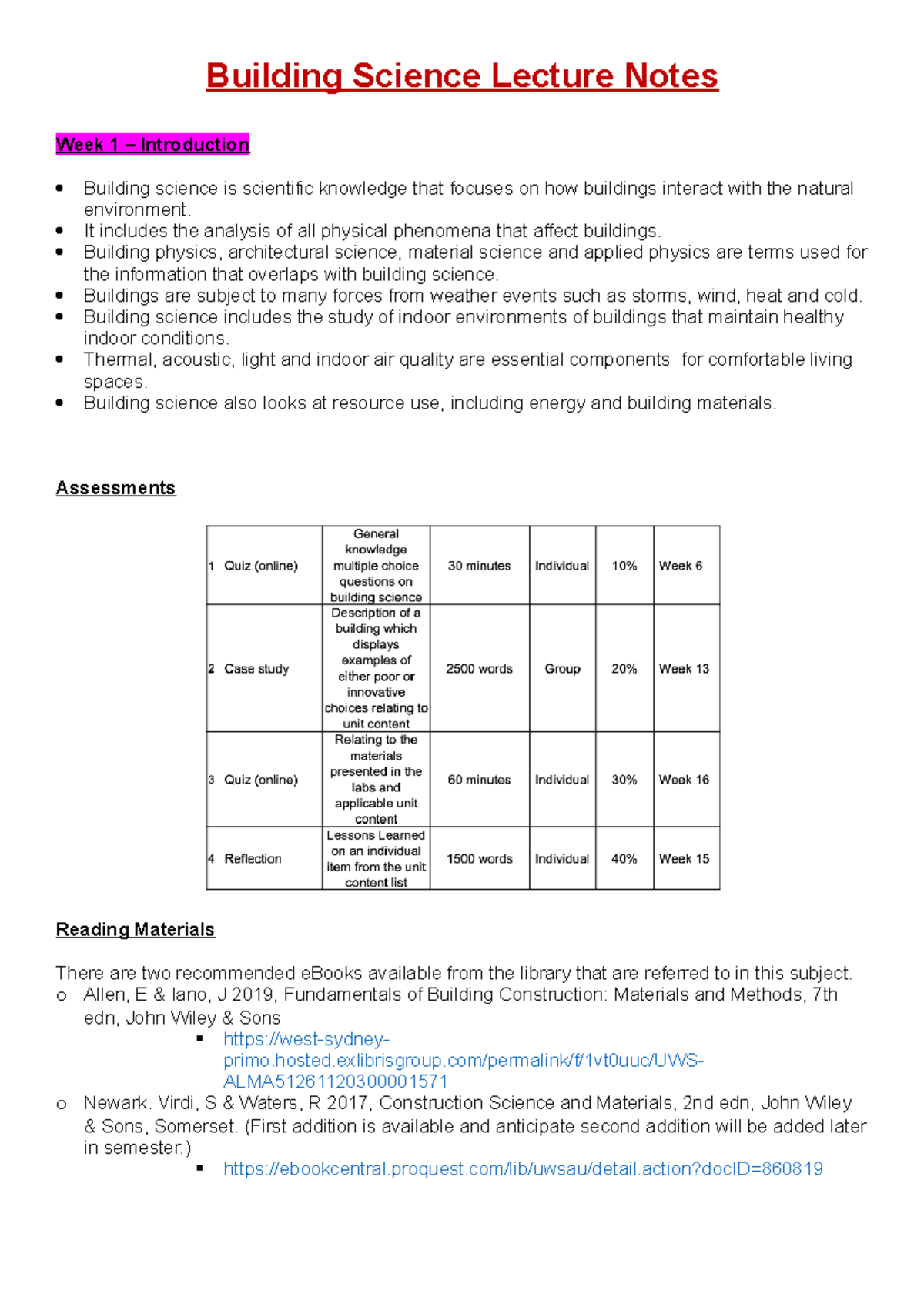 Building Science Lecture Notes (Weeks 1-5) - ENGR 101 - Studocu