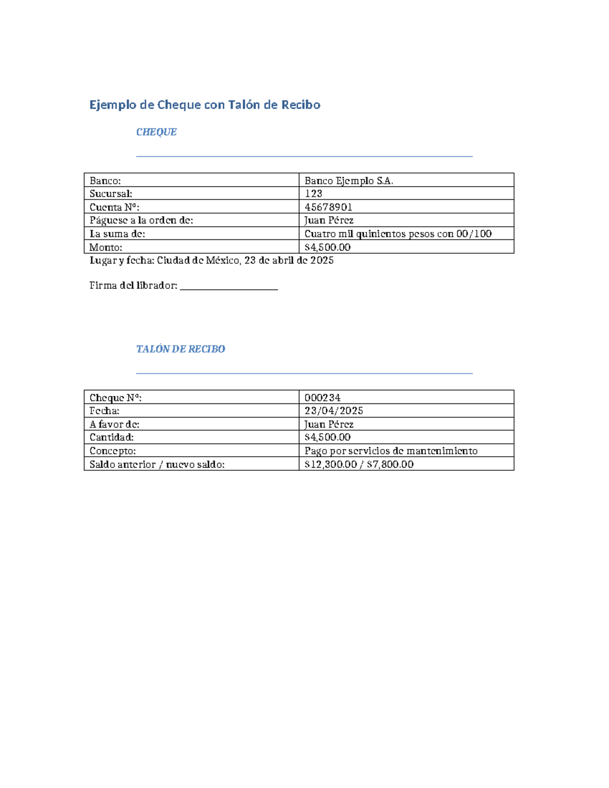 Cheque con Talon de Recibo - Ejemplo de Cheque con Talón de Recibo ...