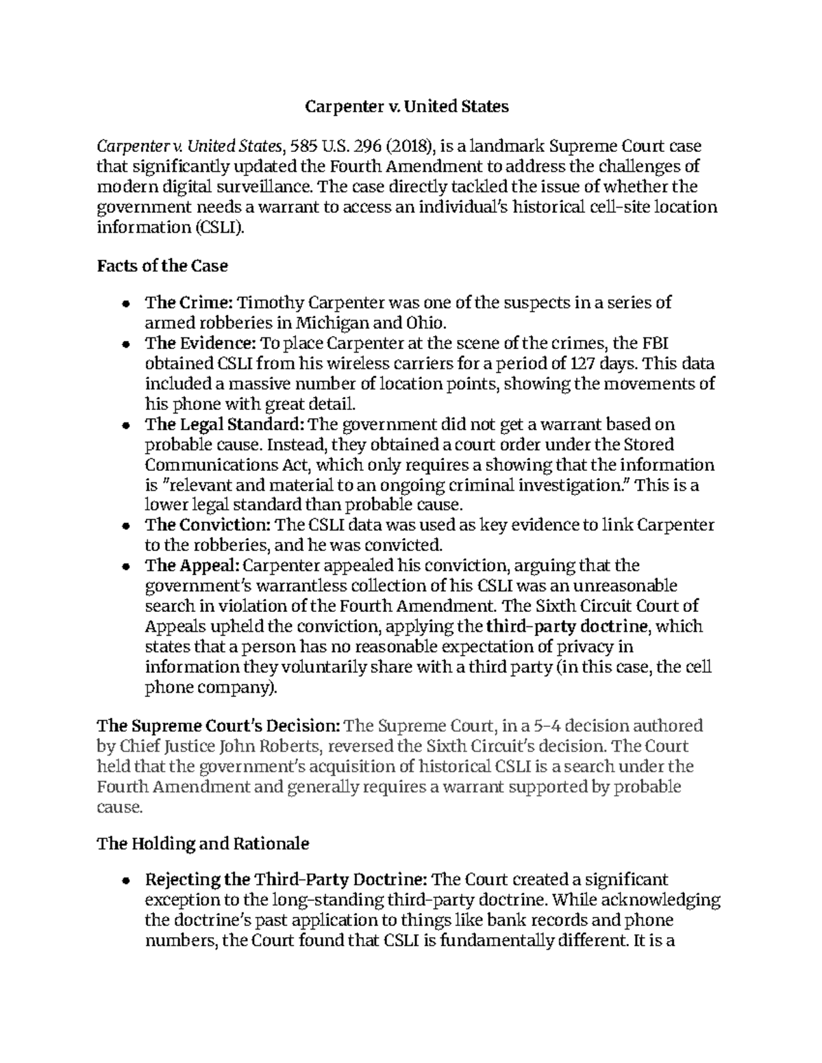 Carpenter v. United States: Landmark Supreme Court Ruling on CSLI - Studocu