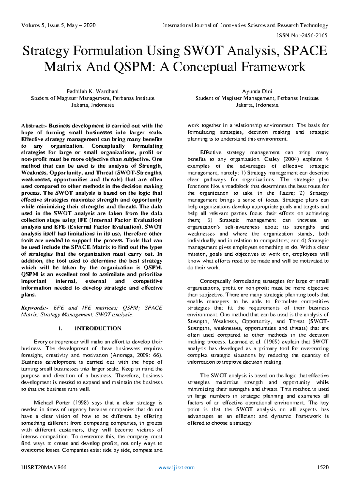 Ijisrt 20MAY866 - Strategy Formulation Using SWOT, SPACE & QSPM ...