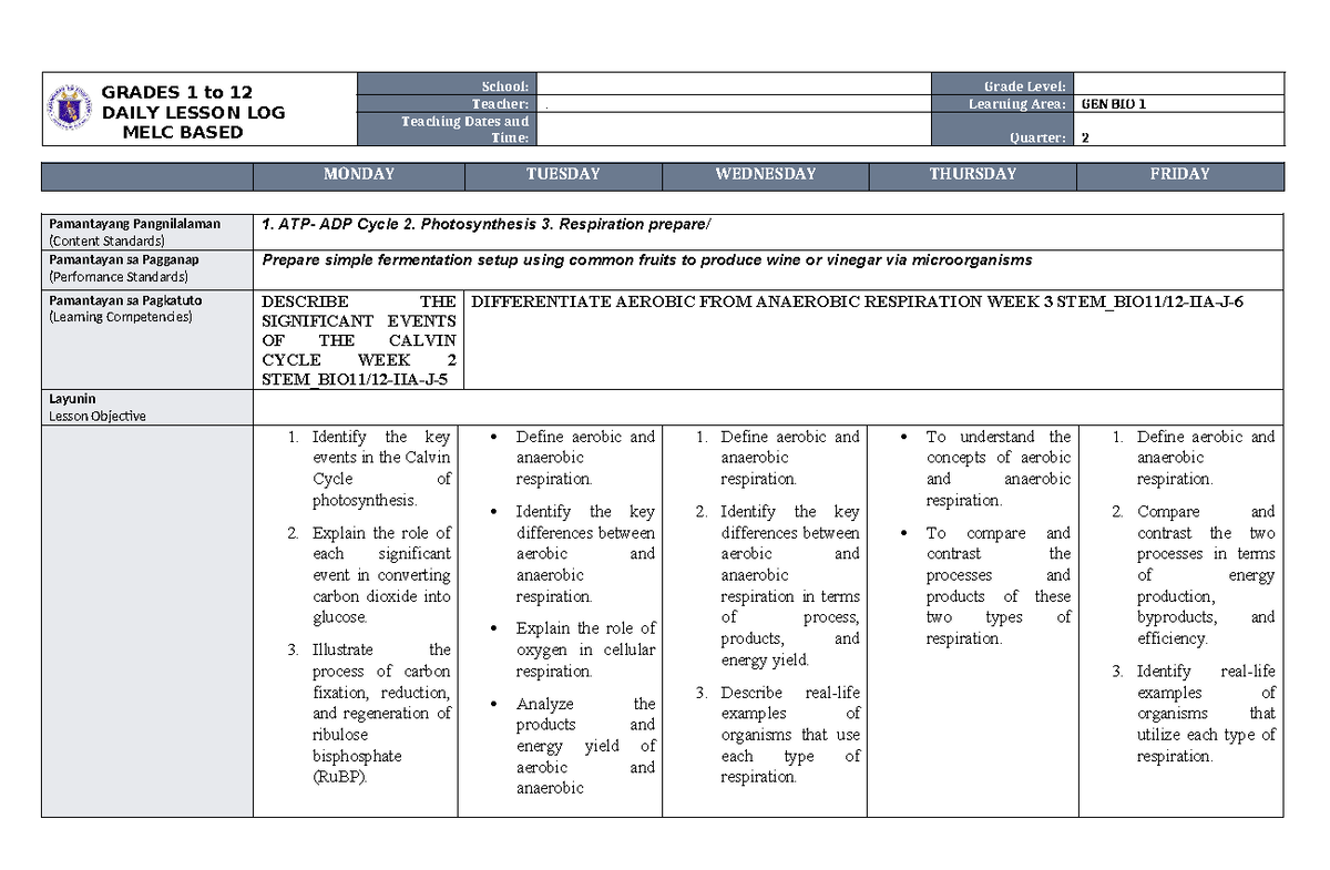 GEN BIO 1 DLL WEEK 4 - DAILY LESSON PLAN - GRADES 1 to 12 DAILY LESSON ...