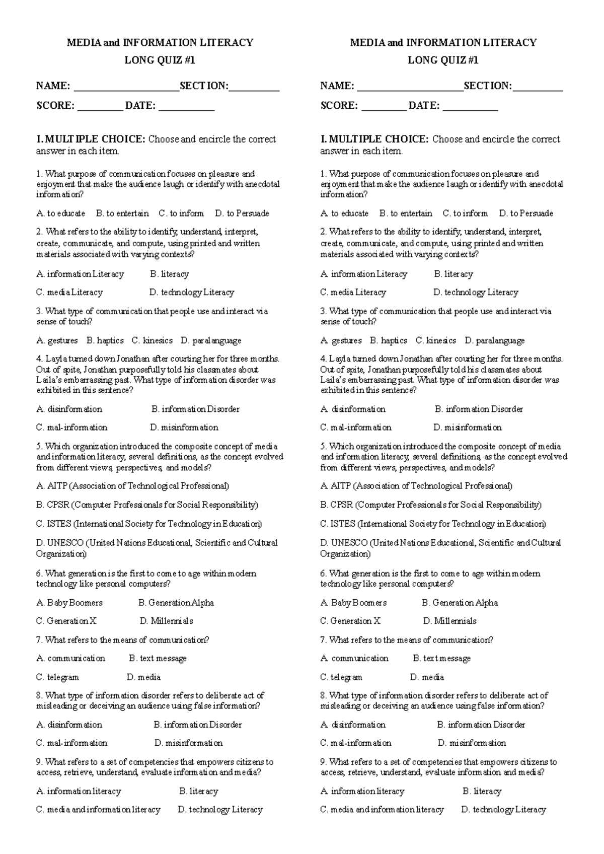 Media and Information Literacy Long Quiz Assessment - Studocu