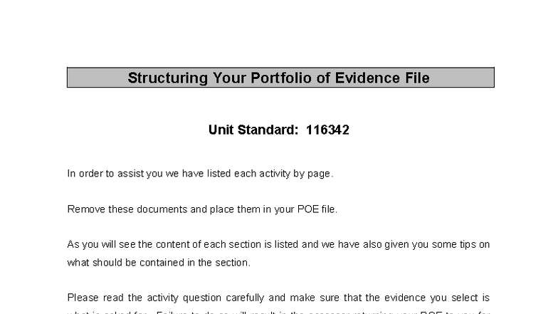 POE Unit Standard 116342: Structuring Your Evidence Portfolio - Studocu