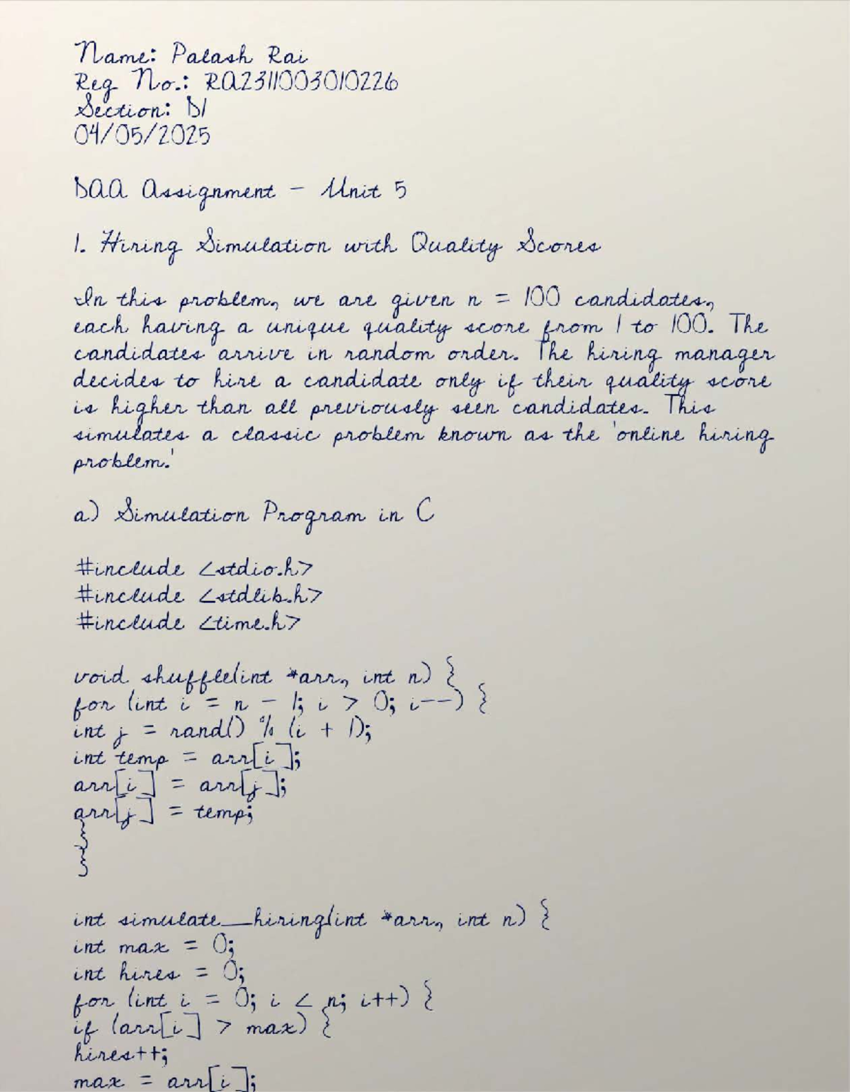 Assignment 1: Hiring Simulation & Theoretical Analysis (CS101) - Studocu