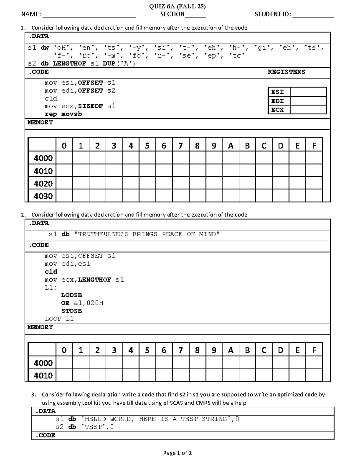 QUIZ 6A (FALL 25): Assembly Memory Management & Code Optimization - Studocu
