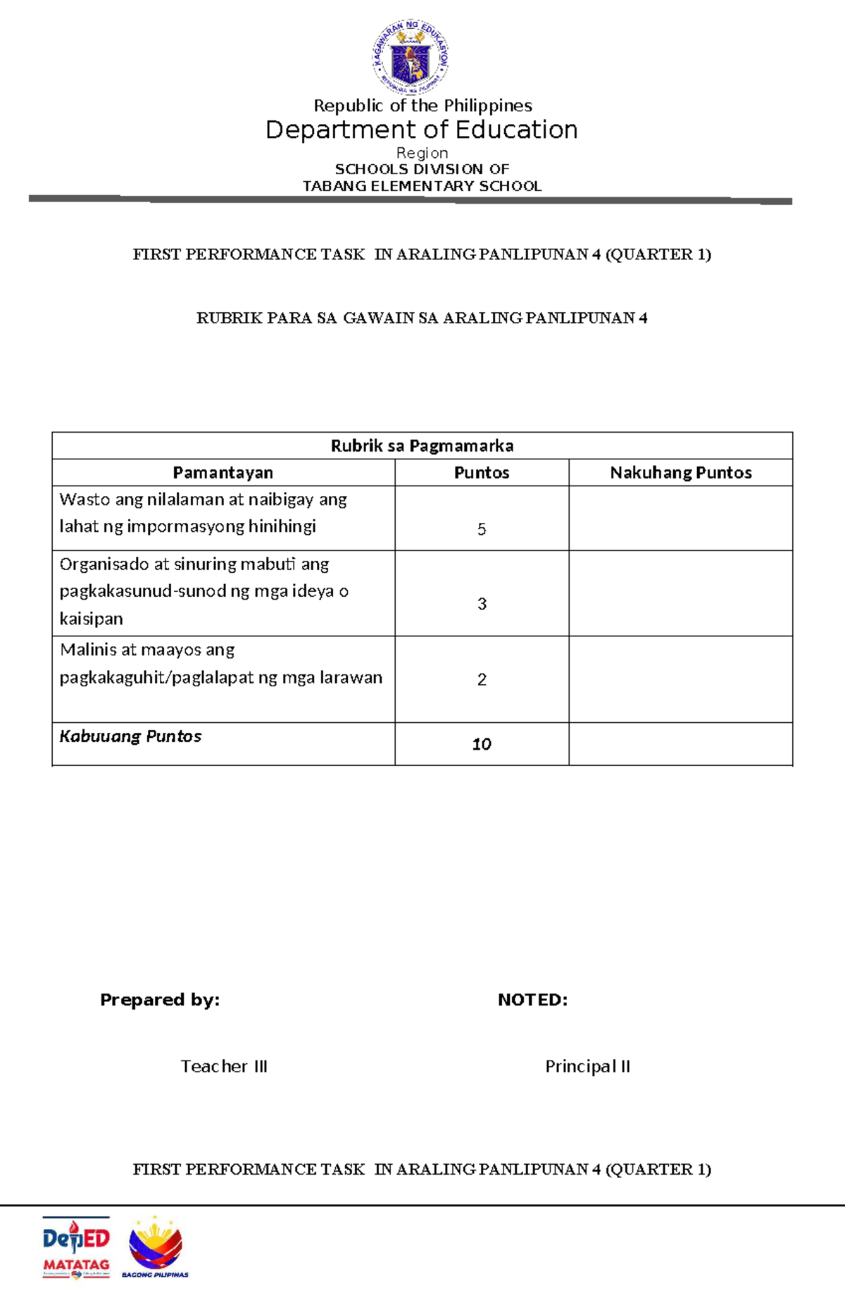 AP4 - First Quarter Performance Task in Araling Panlipunan 4 - Studocu