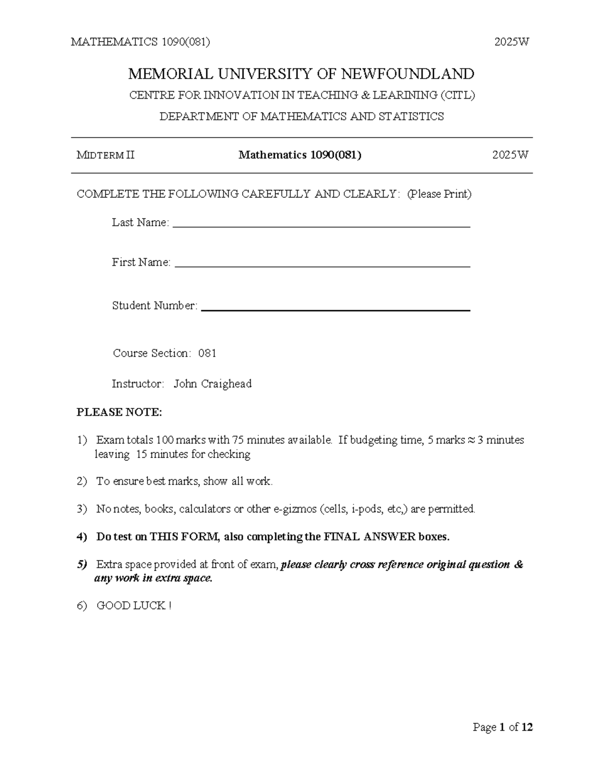 MATHEMATICS 1090(081) 2025W MIDTERM II SAMPLE EXAM QUESTIONS - Studocu