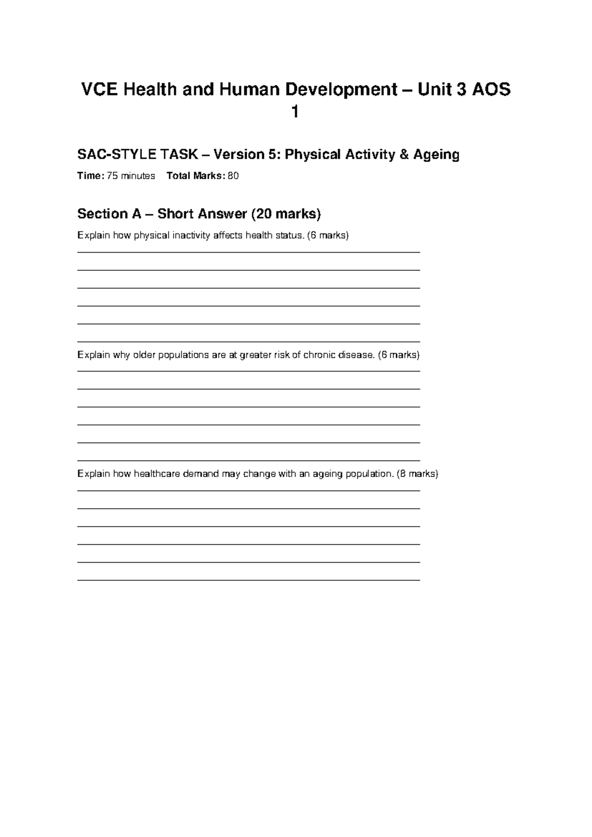 VCE HHD Unit 3 AOS 1 Task: Impact of Ageing & Physical Activity - Studocu