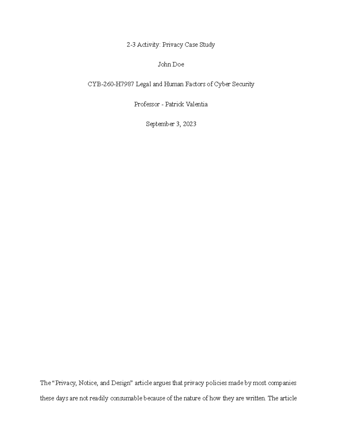CYB 260 Module Two Activity - 2-3 Activity: Privacy Case Study John Doe ...