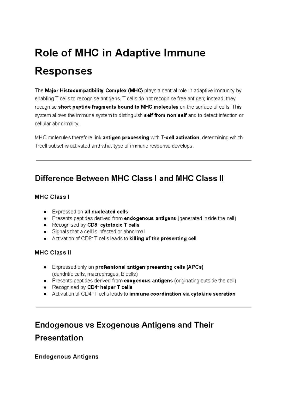 Immunology MHC: Role in Adaptive Immune Responses - IMM - Studocu