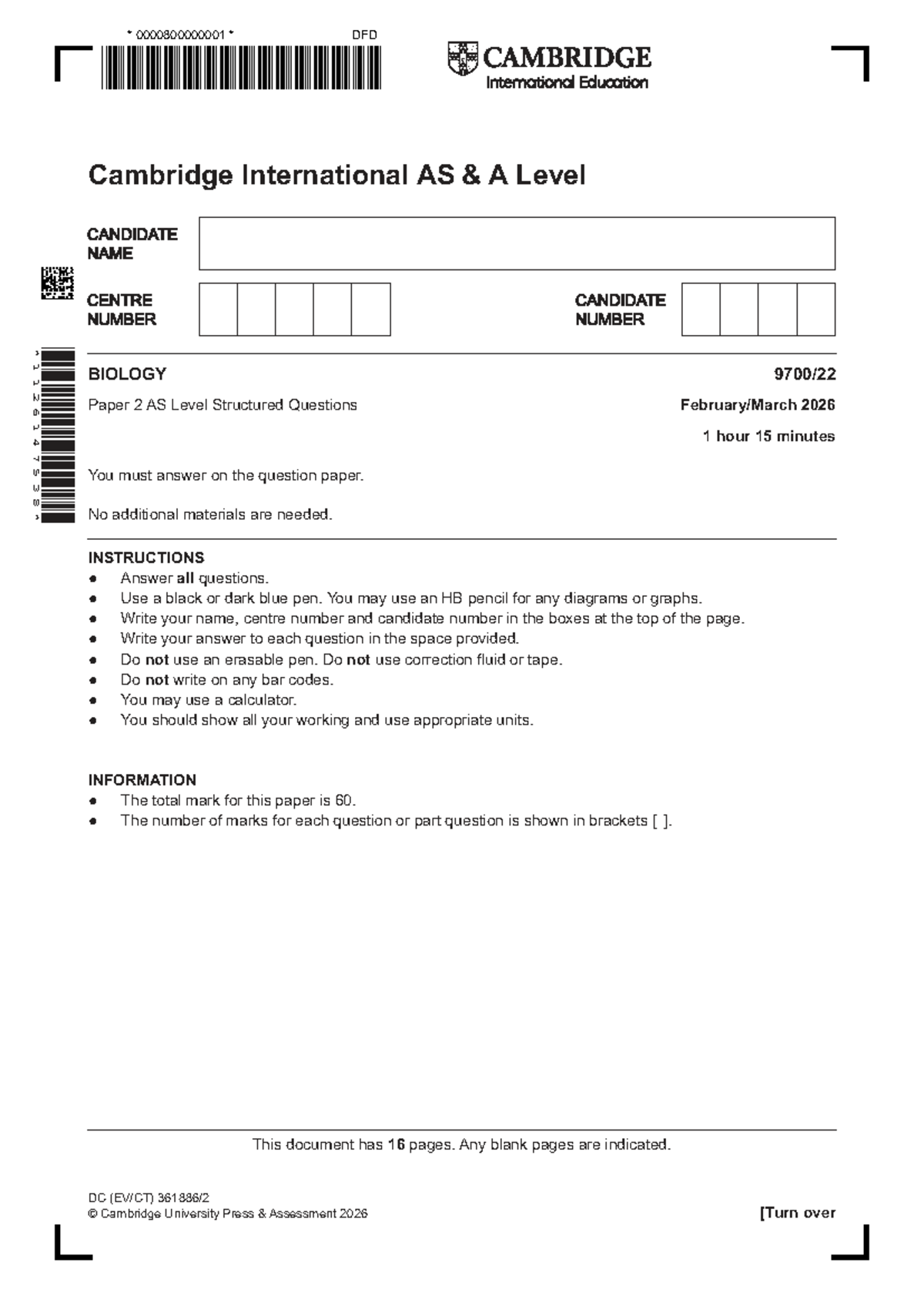 Cambridge International AS A Level 1 1 2 6 1 4 7 5 3 8 BIOLOGY Paper 2 ...