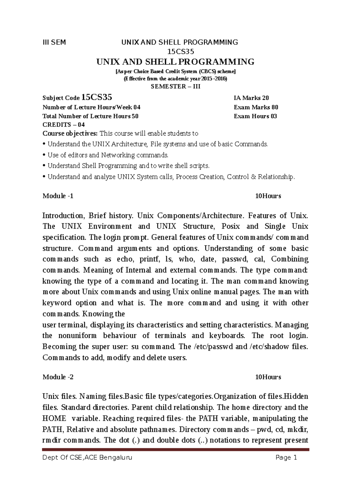 Unix and Shell programming - 15CS UNIX AND SHELL PROGRAMMING [As per Choice Based Credit System ...